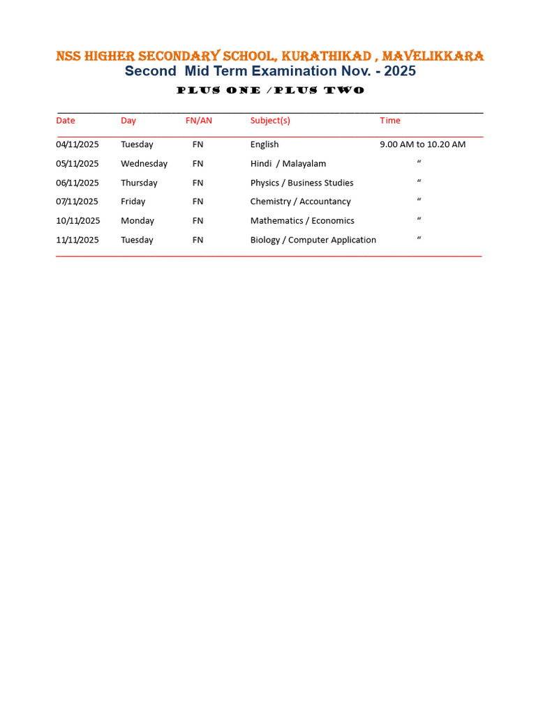2025 Plus One/Two Mid Term Timetable | PDF