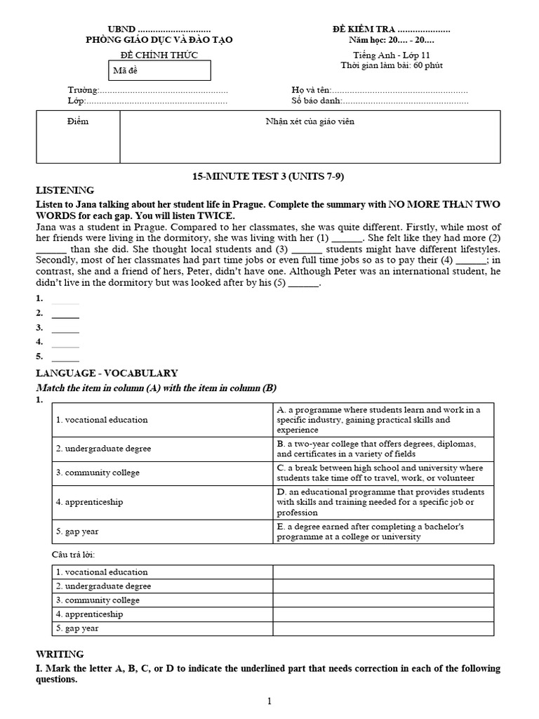 English Test for 11th Grade Students | PDF | Educational Stages | Learning