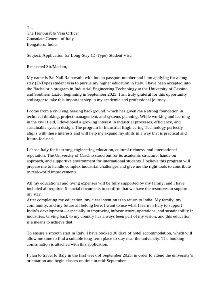 Document (Sai Cover Letter) | PDF | Travel Visa