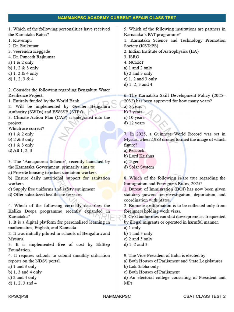 NAMMAKPSC ACADEMY Current Affair CLASS TEST-September | PDF