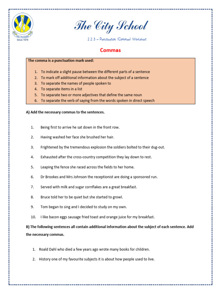 2.2.3 - Punctuation (Commas) Worksheet | PDF | Comma | Language Mechanics