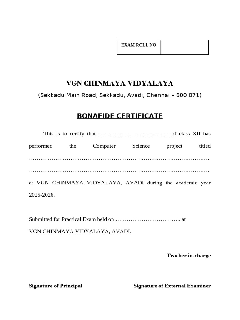 Bonafide Certificate for Class XII Project | PDF