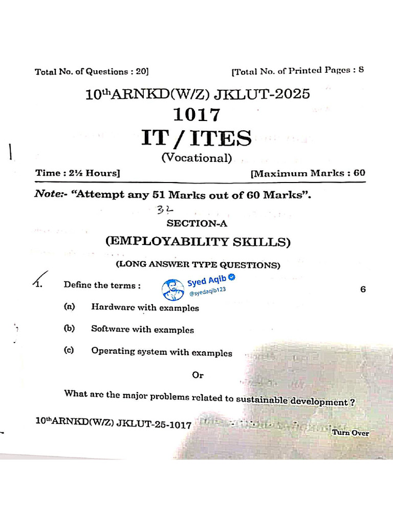 Class 10th IT Question Paper 2025-26 | PDF