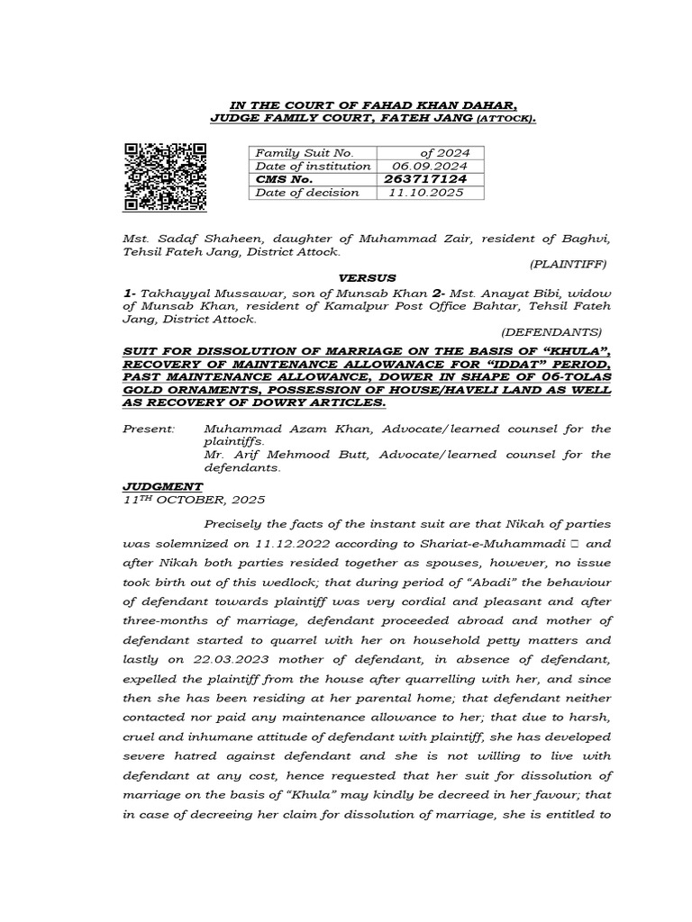 Suit for Dissolution of Marriage on the Basis of “Khula” | PDF | Lawsuit | Burden Of Proof (Law)