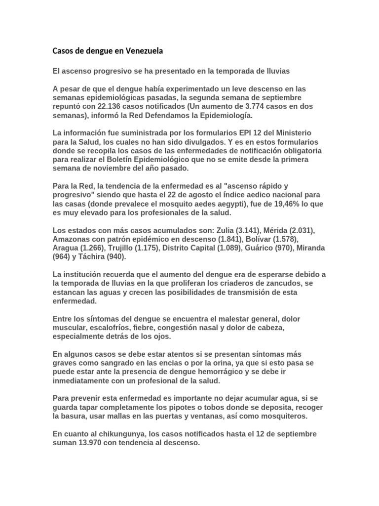 Casos de Dengue en Venezuela | PDF | Inmunología | Enfermedades y ...