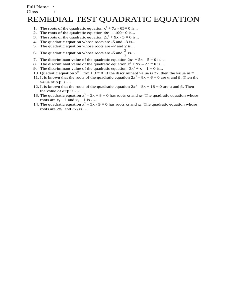 Remedial Test Quadratic Equation | PDF