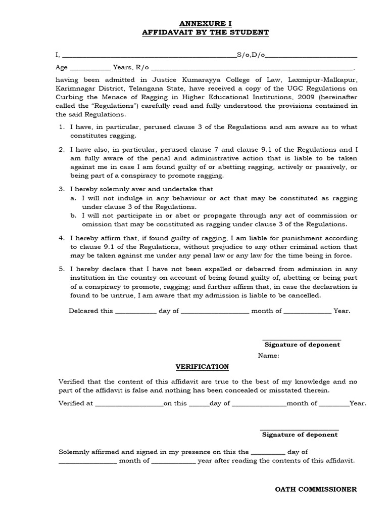 Anti-Ragging Form - Rs. 100 | PDF | Affidavit | Legal Procedure