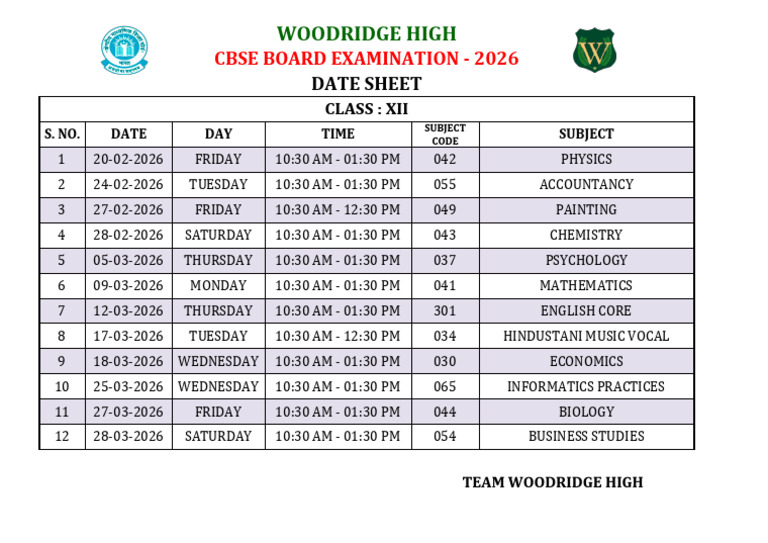Class 12 CBSE Exam Date Sheet 2026 | PDF