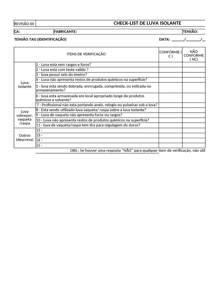 checklist luva isolante | PDF