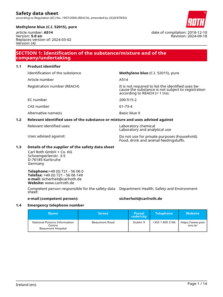 Msds Metelin Blue A514 IE En | PDF | Dangerous Goods | Toxicity