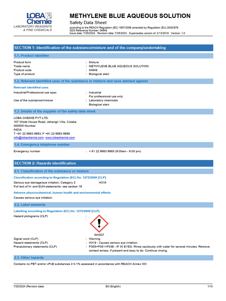 Msds Methylene Blue Aqueous Casno 04648 en | PDF | Dangerous Goods ...