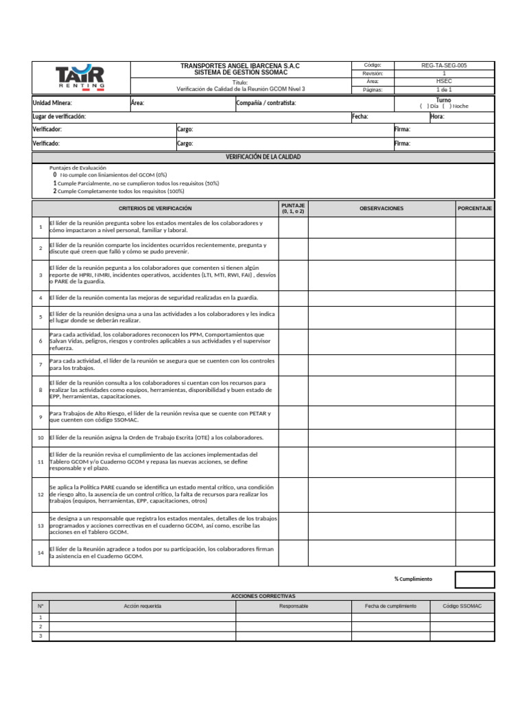 Verificación de Calidad de La Reunión GCOM Nivel 3 | PDF