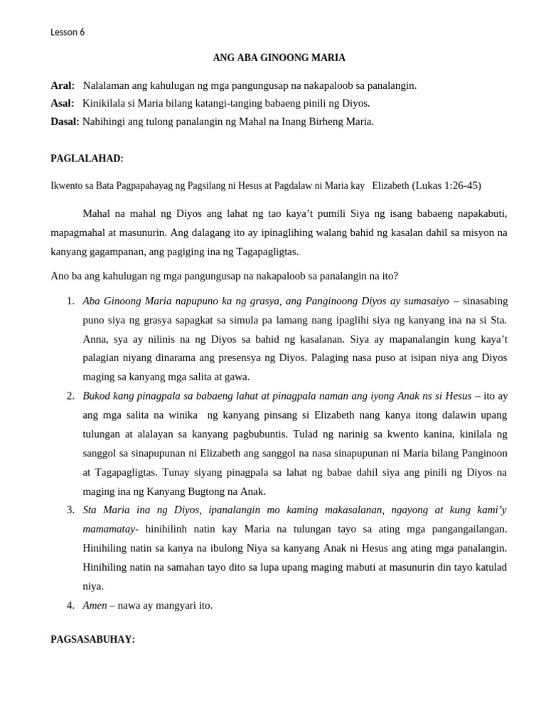 LESSON 6 Ang Aba Ginoong Maria | PDF