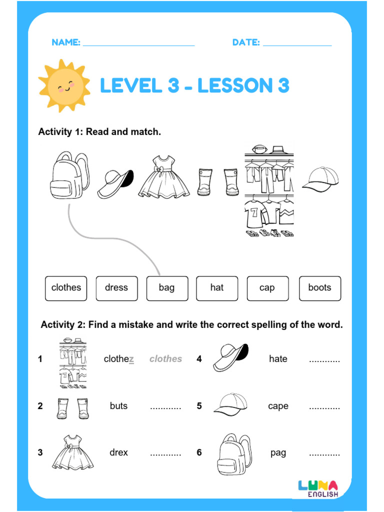Lesson 3 - Level 3 Worksheet - Clothes | PDF