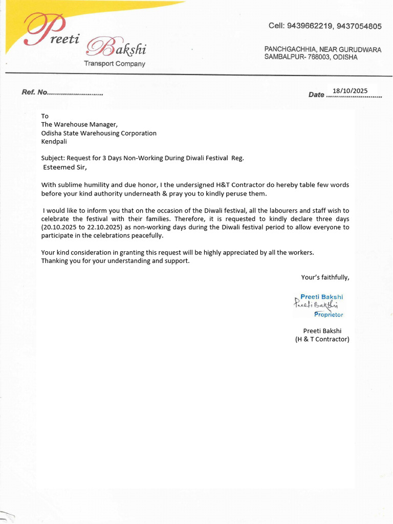 Request for Diwali Non-Working Days | PDF