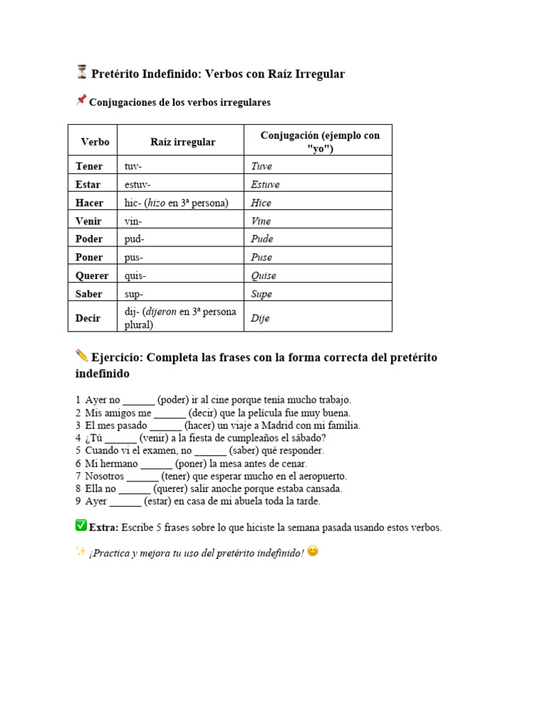 Pretérito Indefinido Ejer Raiz Irregular | PDF