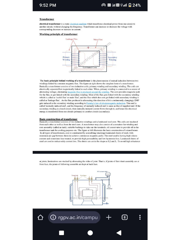 Unit 2 - Basics of Transformer, Principle, Losses, Efficiency, Phasor Diagram | PDF