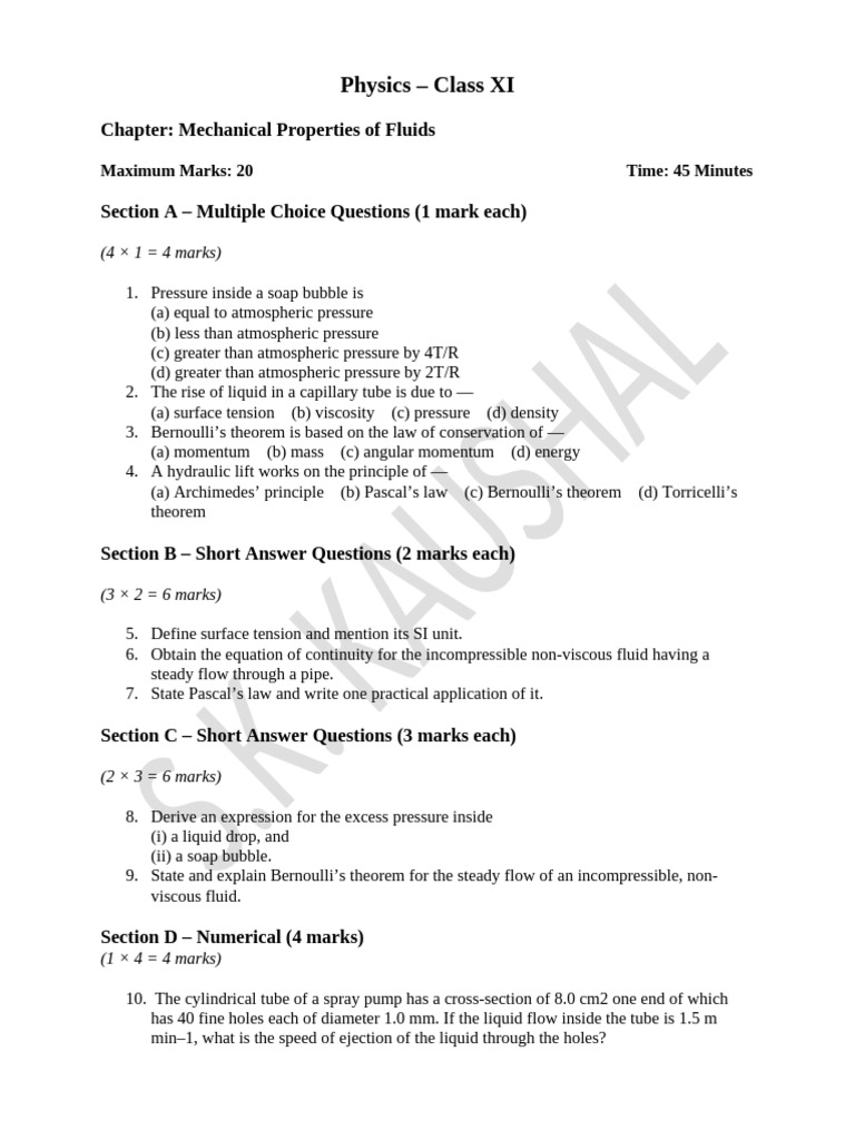 Mechanical Properties of Fluids Quiz | PDF