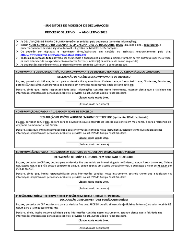 Modelos de Declarações para Seleção 2025 | PDF | Pensão alimentícia ...