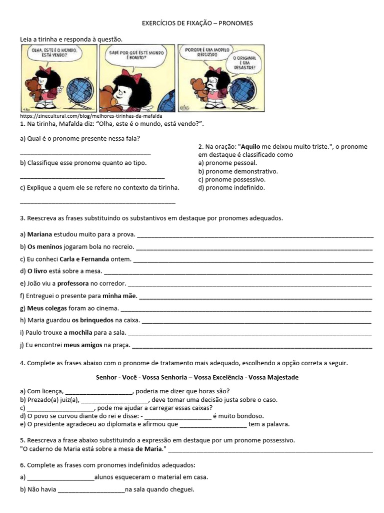 Exercícios sobre Pronomes e Classificações | PDF | Pronome | Famílias ...