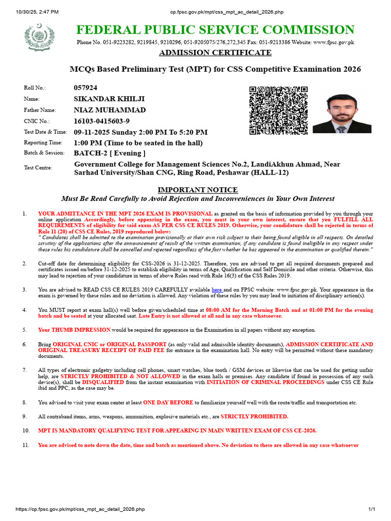 Cp.fpsc.Gov.pk Mpt Css Mpt Ac Detail 2026.Php | PDF