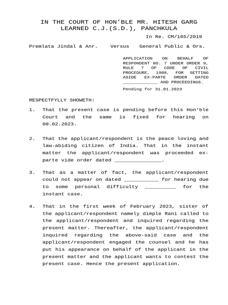 Application For Setting Aside Ex Parte Order 9.7 | PDF | Affidavit ...