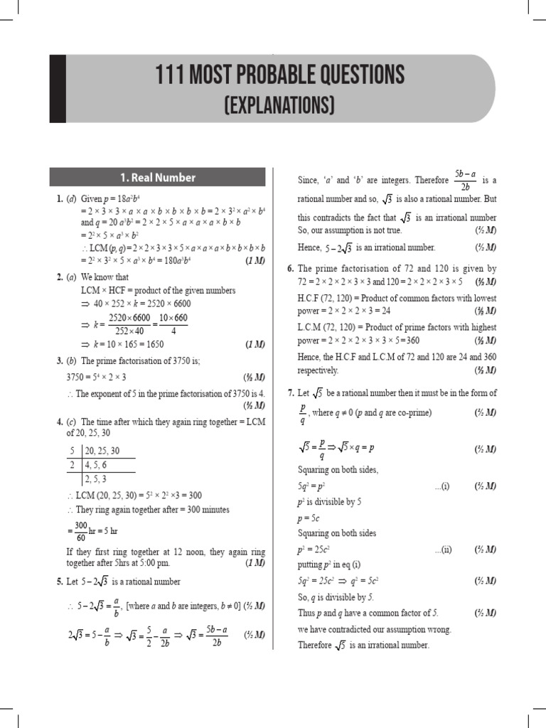 111 Most Probable Questions (Explanations) Standard Mathematics | PDF ...