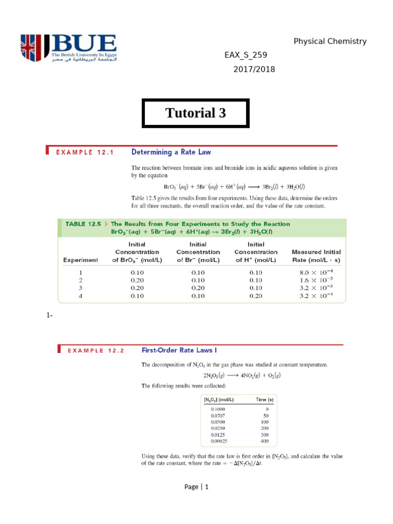 Tutorial 3 Sheet 3 Chemical Kinetics Pdf