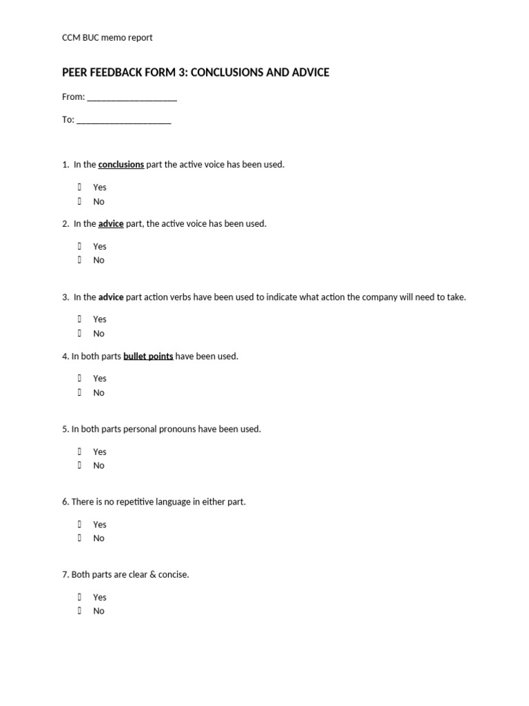 Peer Feedback Form 3 Conclusions and Advice - Copy | PDF