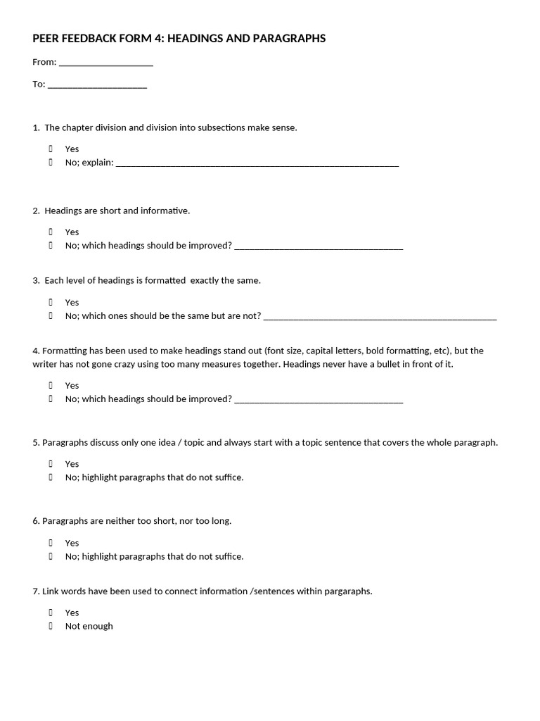 Peer Feedback Form 4 Headings and Paragraphs | PDF