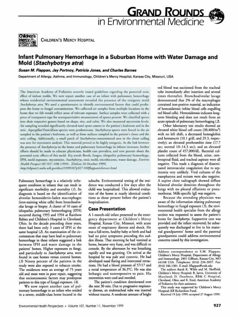 Infant Pulmonary Hemorrhage in A Suburban Home With Water Damage | PDF | Mold | Mycotoxin