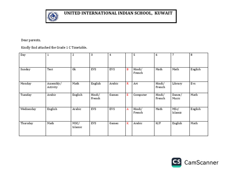 UIIS W Sep Grade 1 C Timetable | PDF