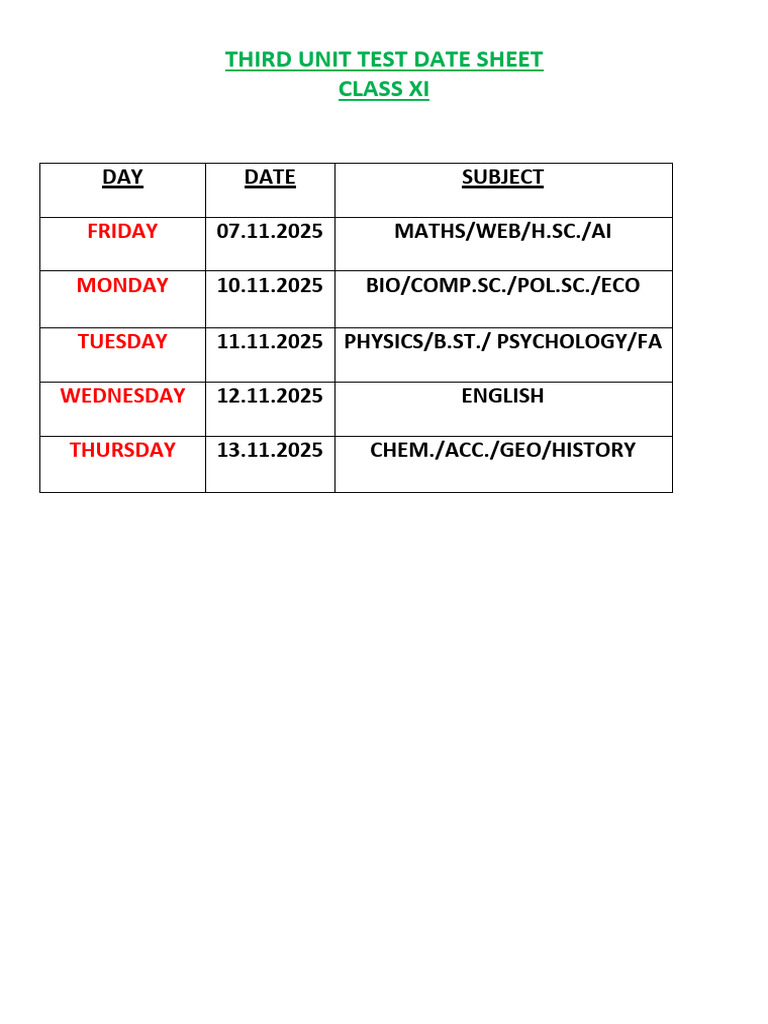 Third Unit Test Date Sheet Xi | PDF