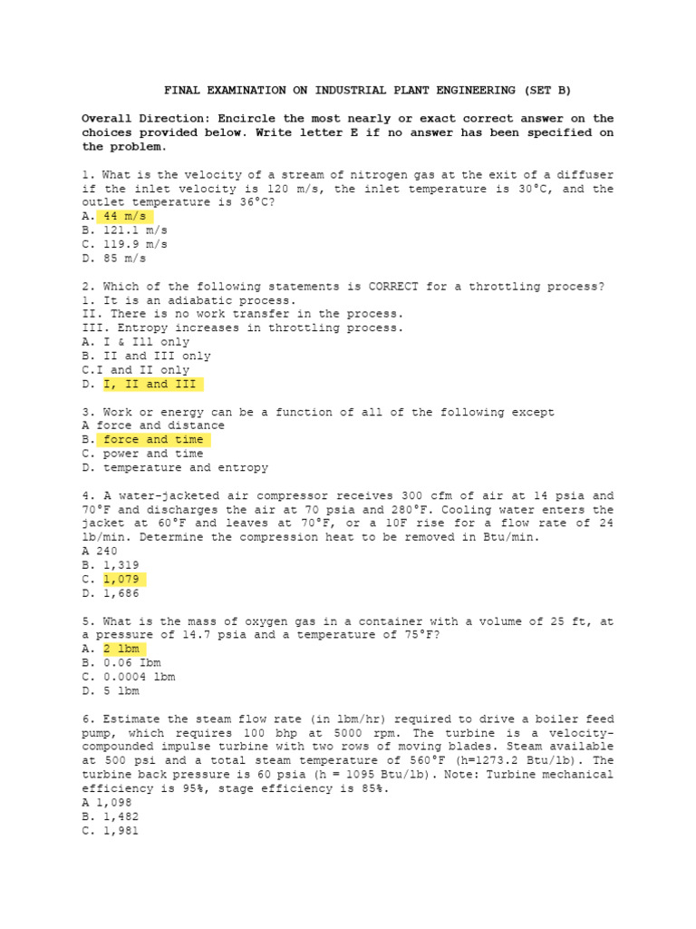 Industrial Plant Engineering Exam Set B | PDF | Heat | Heat Capacity