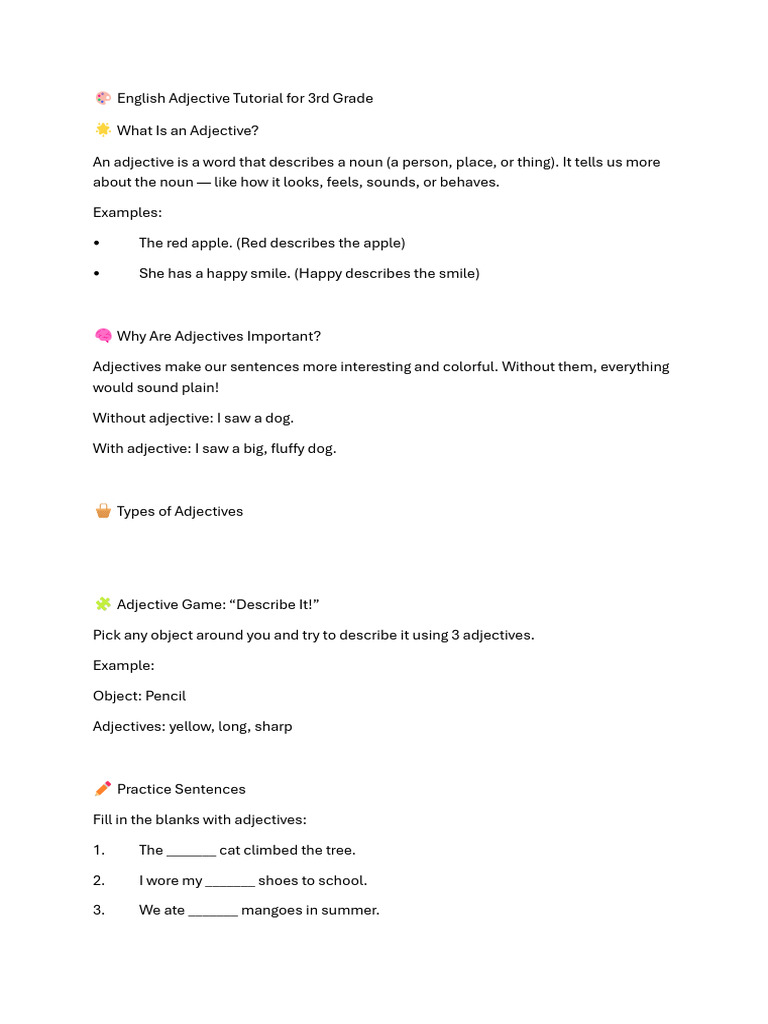 ? English Adjective Tutorial For 3rd Grade | PDF