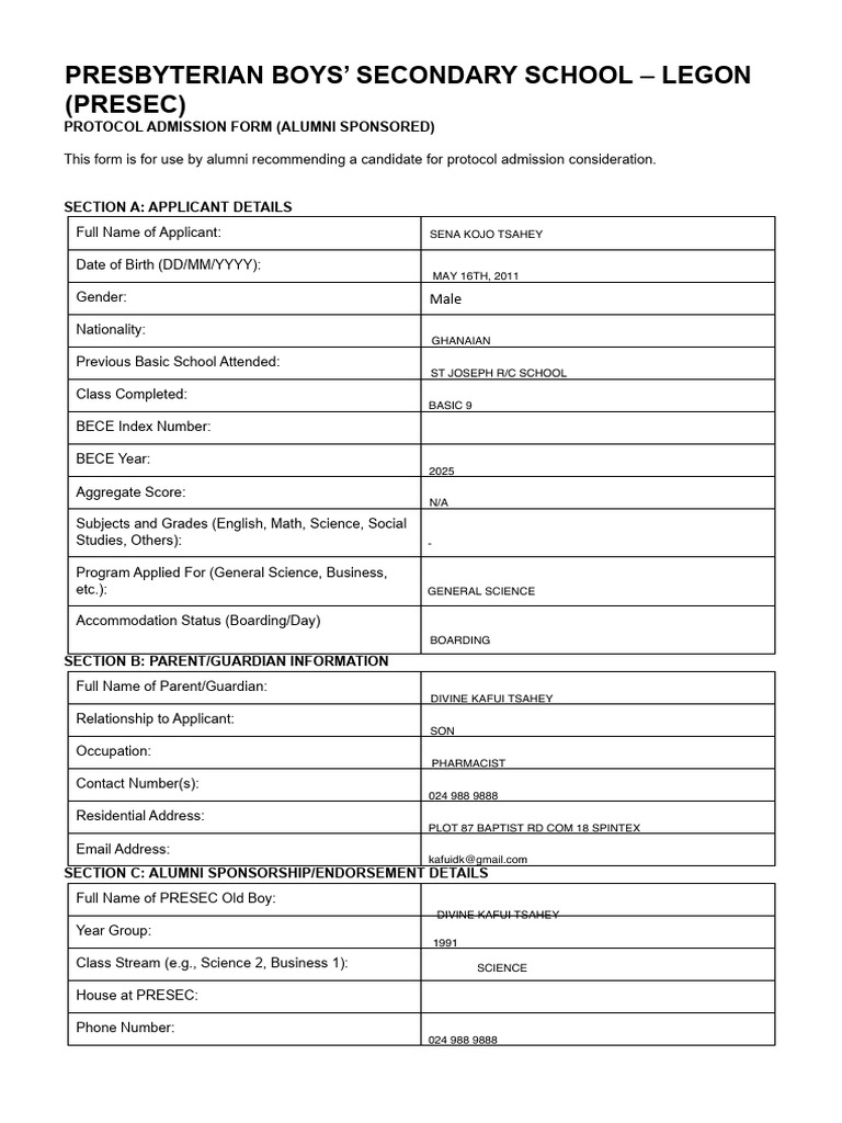 PRESEC Legon Alumni Admission Form | PDF