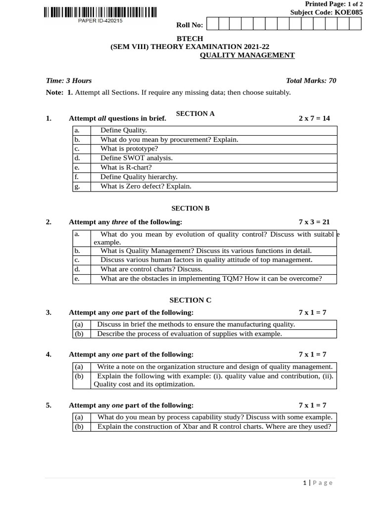Btech Oe 8 Sem Quality Management Koe085 2022 | PDF | Quality Management