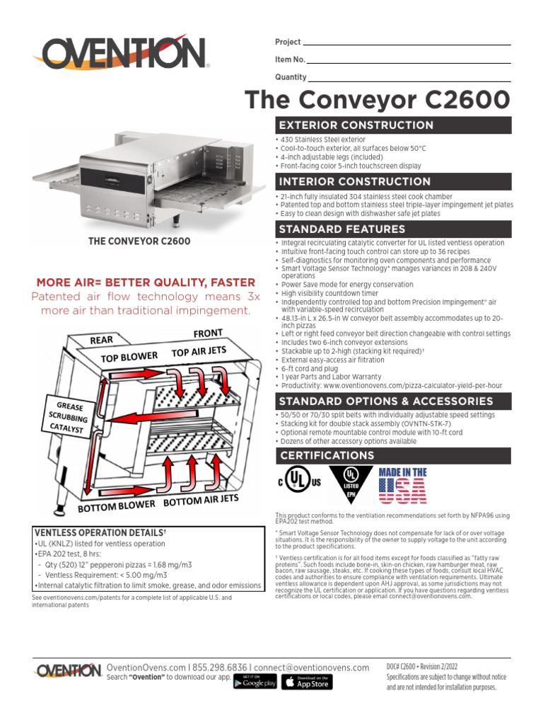 Ovention Conveyor C2600 Oven Specs | PDF