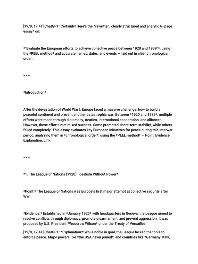 European Peace Efforts: 1920-1939 Analysis | PDF | Treaty Of Versailles ...