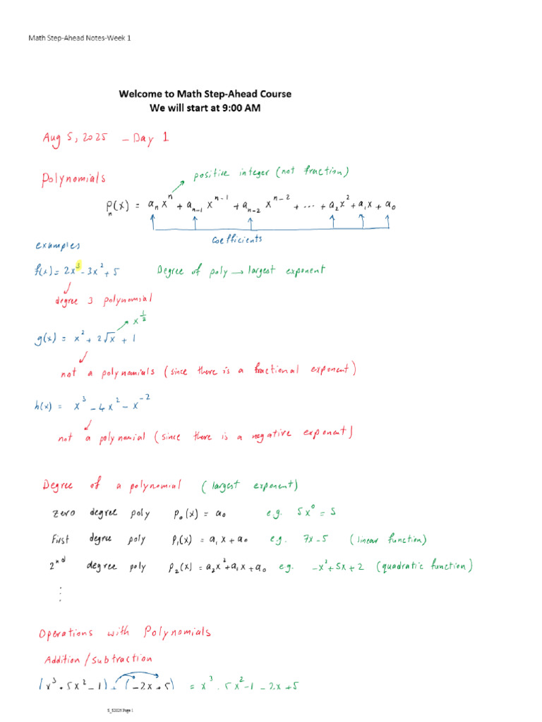Math Step-Ahead Notes-Week 1-Polynomials-Factoring-Linear-Quadratic ...
