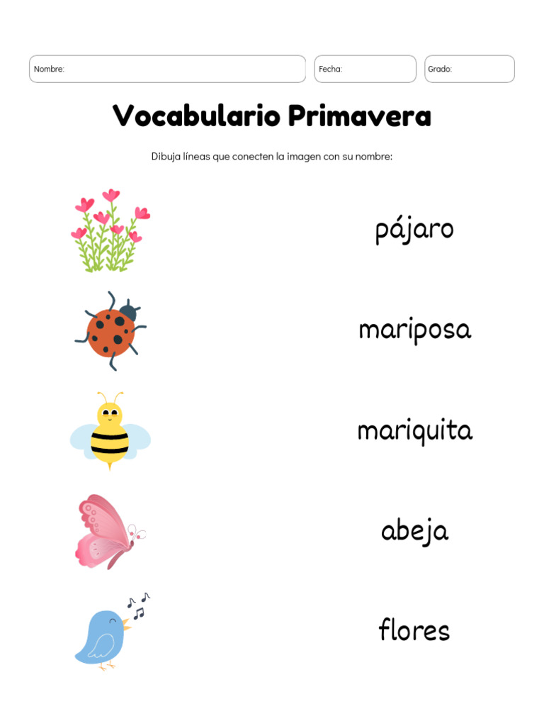 Hojas de Actividad Vocabulario Primavera Ilustrado Colorido | PDF