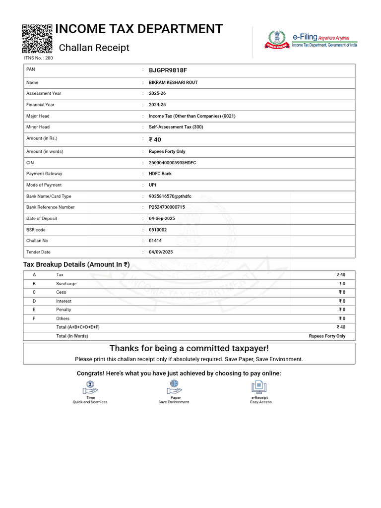 Income Tax Challan Receipt ITNS 280 | PDF | Taxation | Money