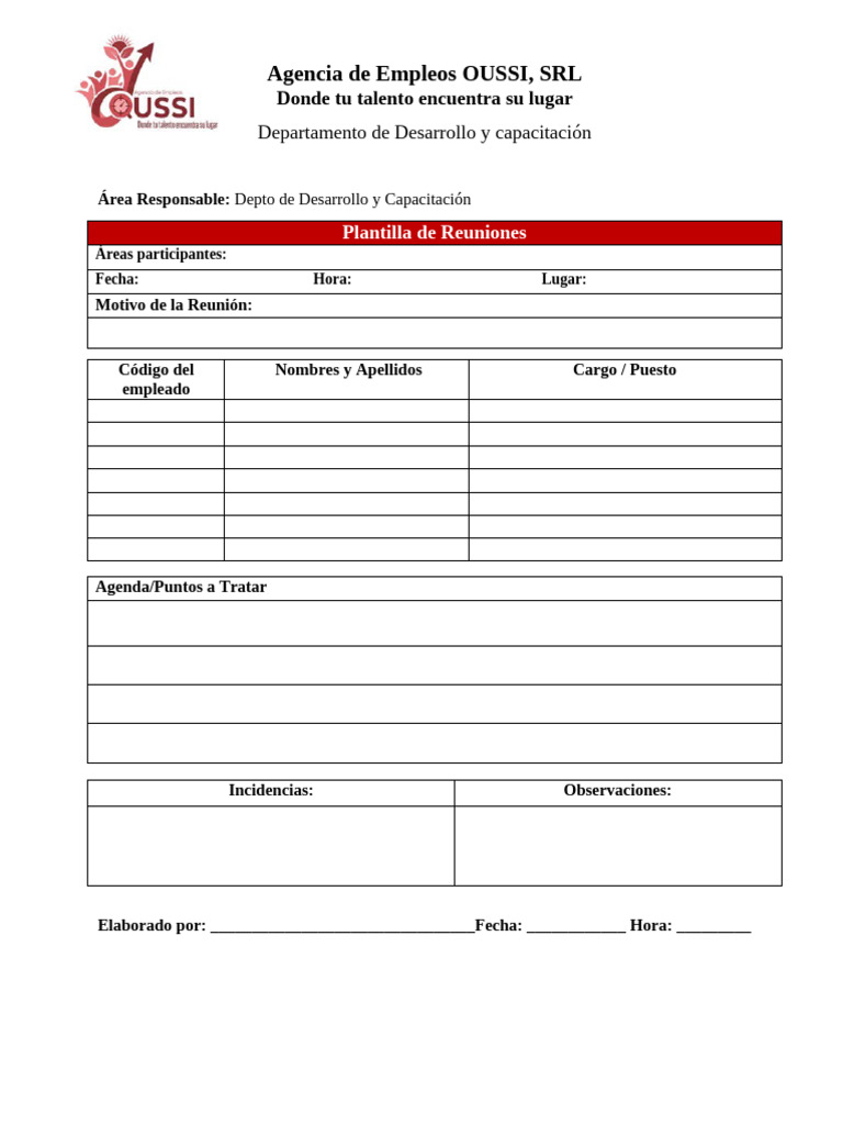 Plantilla de Reuniones para Empleos OUSSI | PDF