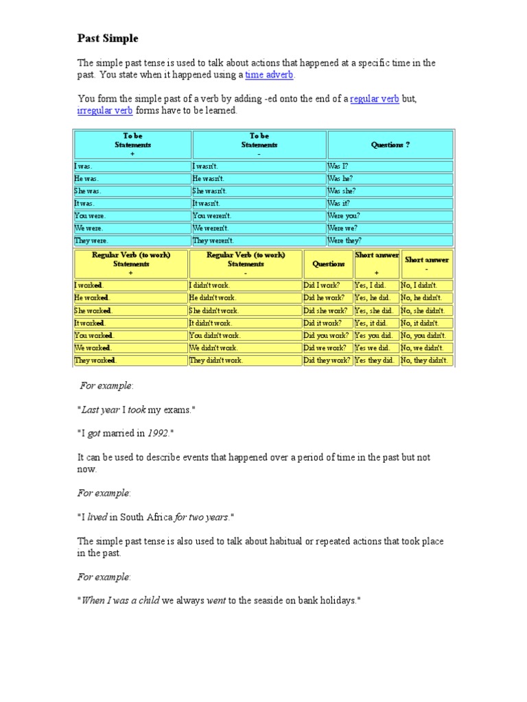 Past Simple: Time Adverb Regular Verb Irregular Verb | PDF | Perfect ...