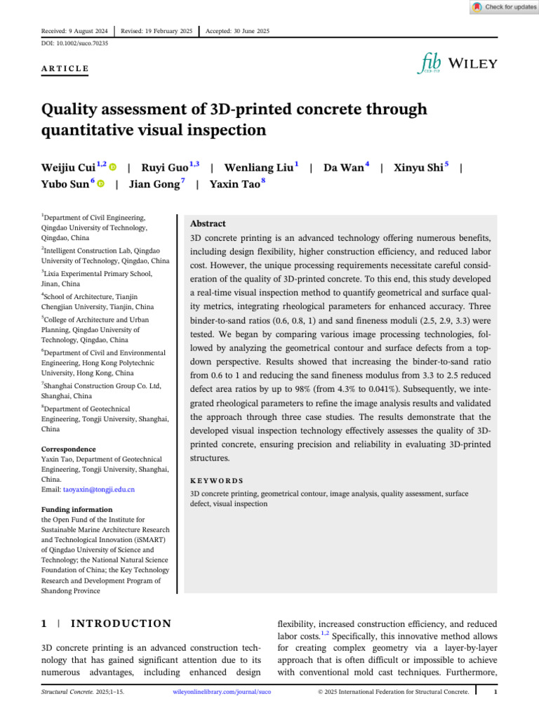 Structural Concrete - 2025 - Cui - Quality Assessment of 3D‐Printed Concrete Through ...