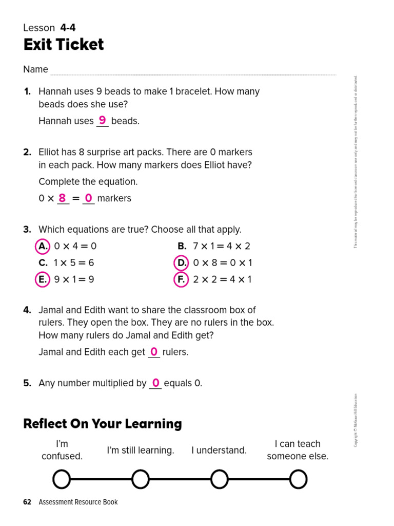 Exit Ticket Answers - Use Patterns To Multiply by 1 and 0 | PDF