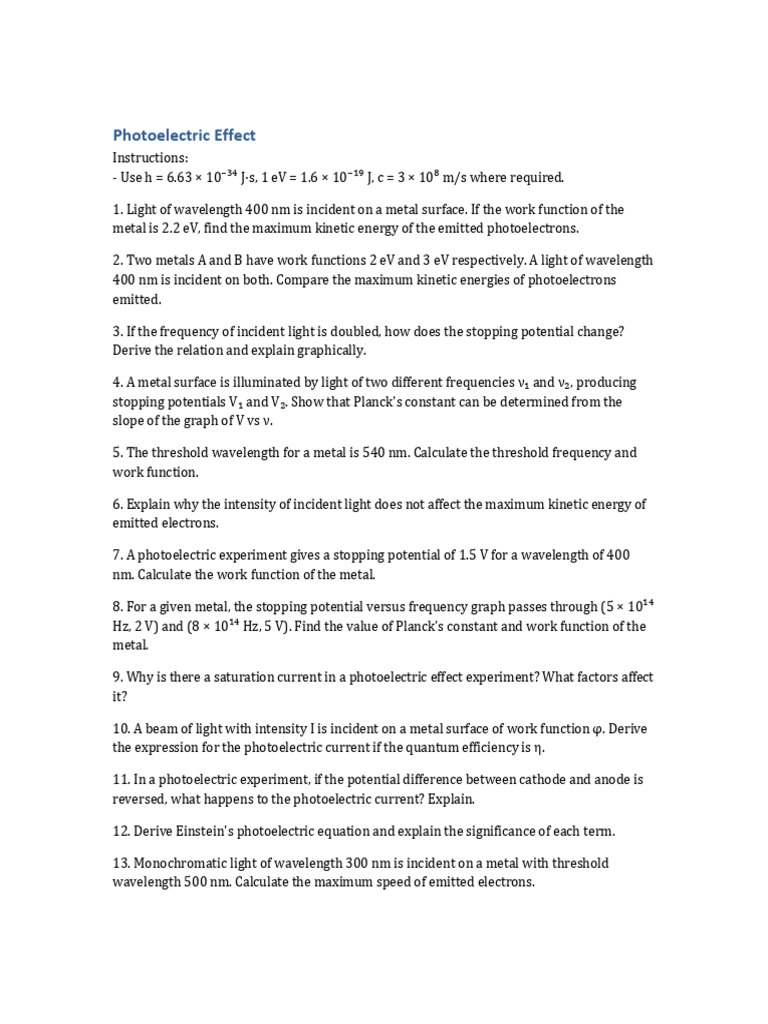 Photoelectric Effect Question Paper | PDF | Photoelectric Effect ...