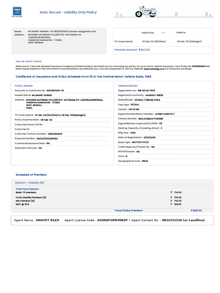 Tata AIG Motor Policy Schedule - 3187 - 6100961646-00 | PDF | Insurance ...