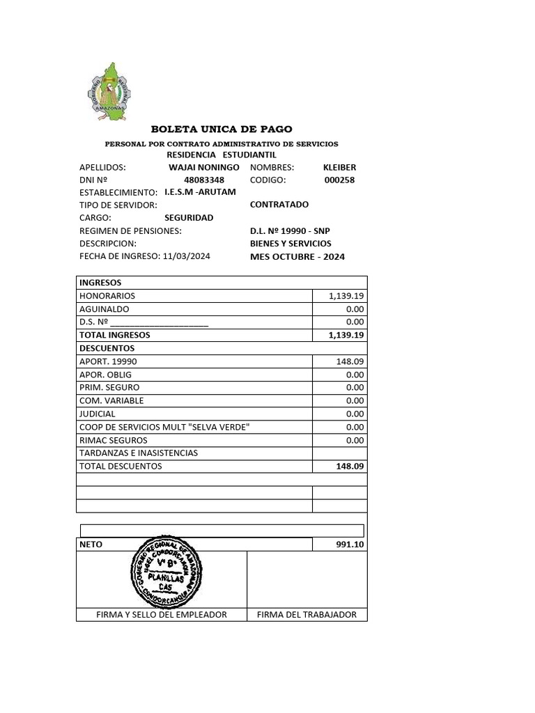 Boleta de Pago Personal Contratado 2024 | PDF
