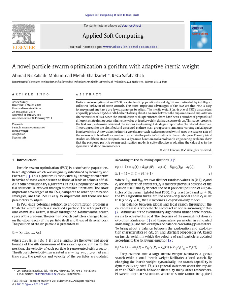 A Novel Particle Swarm Optimization Algorithm With Adaptive Inertia Weight | PDF | Mathematical ...